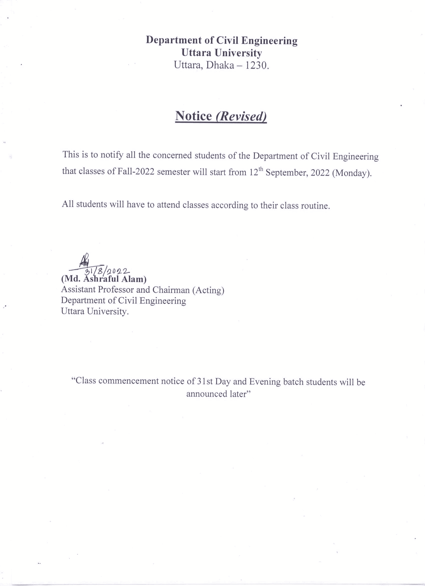 Dept. of Civil Engineering, Class Start Notice (revised – Uttara University